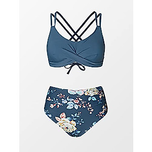 CUPSHE Women Bikini Set High Waisted Bikini Bottom Floral Tummy Control U Neck Double Straps Crisscross Back M