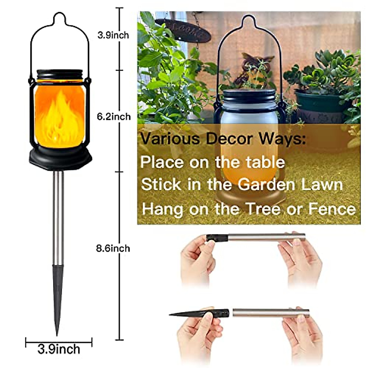 Solar Mason Jar Lantern Lights,2 Pack Hanging Flickering Torch Lights,Solar Lanterns for Outdoor Patio Party Garden Wedding Decor Lights(Mason Jars/Handles Included)