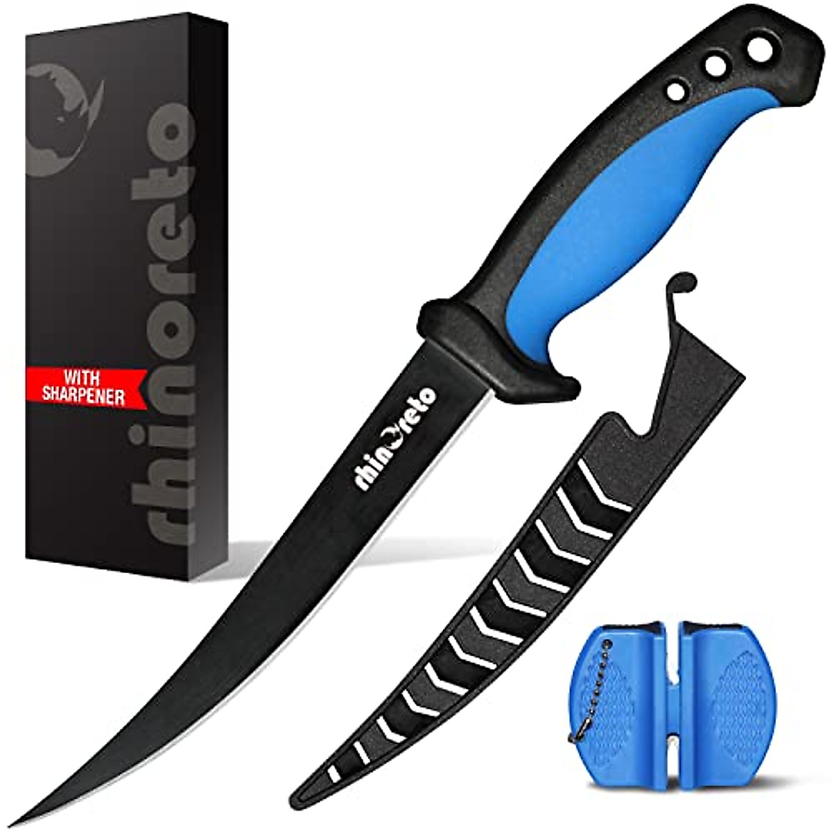Rhinoreto Fish Fillet Knife and Fishing Knife Set with Sheath and Sharpening tool. Filet Knife for Fish and Boning Knife for Meat Cutting.