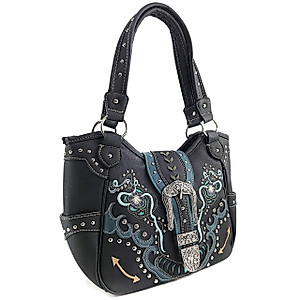Zelris Floral Poppy Buckle Western Women Conceal Carry Tote Handbag Purse Set (Black)