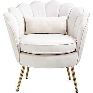 ZJhome Modern Accent Velvet Chairs Shell Shape Barrel Chairs Comfy Upholstered Vanity Chairs for Bedroom Armchair Chairs with Golden Metal Legs Makeup Chairs for Living Room (White)