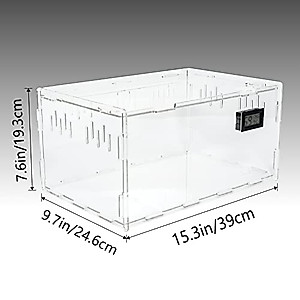 BETAZOOER Reptile Terrarium Breeding Tank Acrylic Reptile Feeding Box with Temperature Hygrometer (15.3"x9.7"x7.6")
