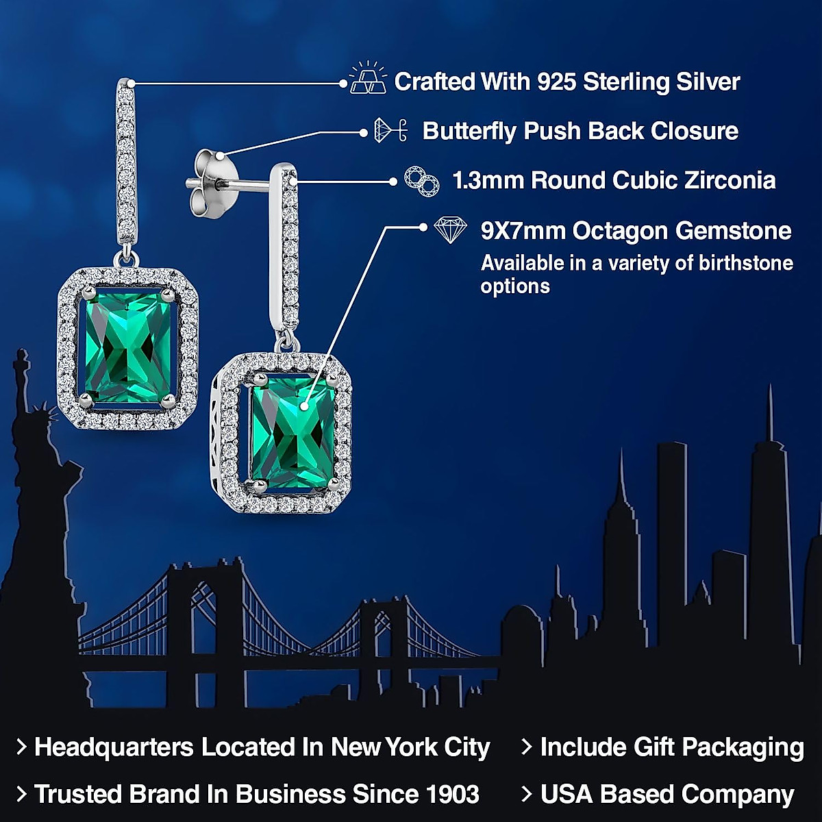 Gem Stone King 925 Sterling Silver Gemstone Birthstone Earrings | Emerald Cut 9X7MM | Drop Dangle Earrings for Women