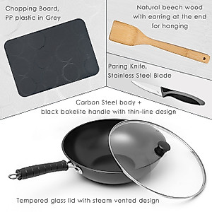 Moss & Stone 5 Pcs Carbon Wok Set, Carbon Steel Wok Pan 12 Inch Woks and Stir Fry Pans, Chinese Wok For Electric, Induction & Gas Stove With Glass Lid, Wok Spatula, Chopping Board & Paring Knife
