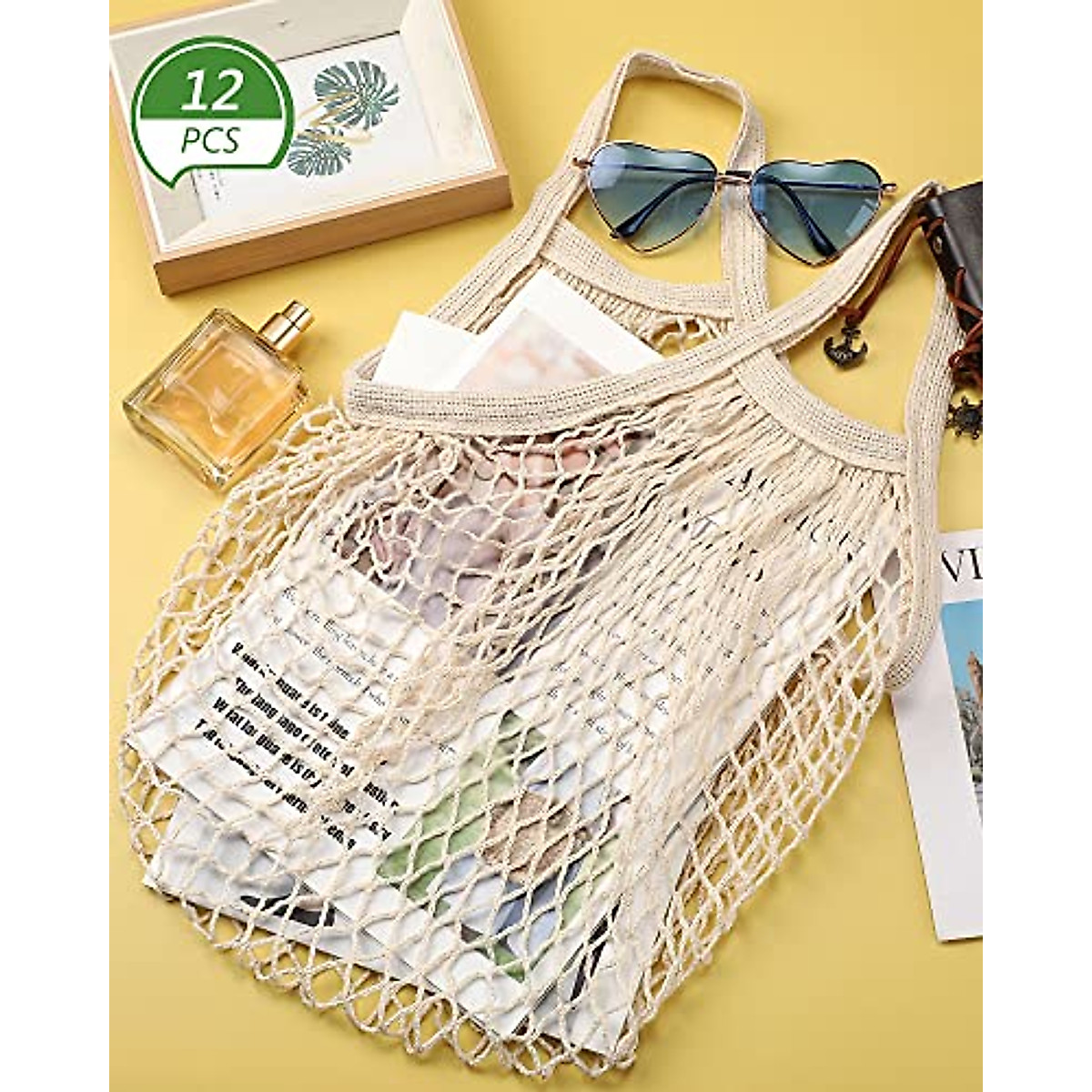 12 Pieces Reusable Mesh Grocery Bags Portable Cotton Mesh Produce Bags Washable Net Bag Mesh Reusable Tote Bag with Handle String Shopping Organizer Bag for Fruit Vegetable Shopping Storage Market
