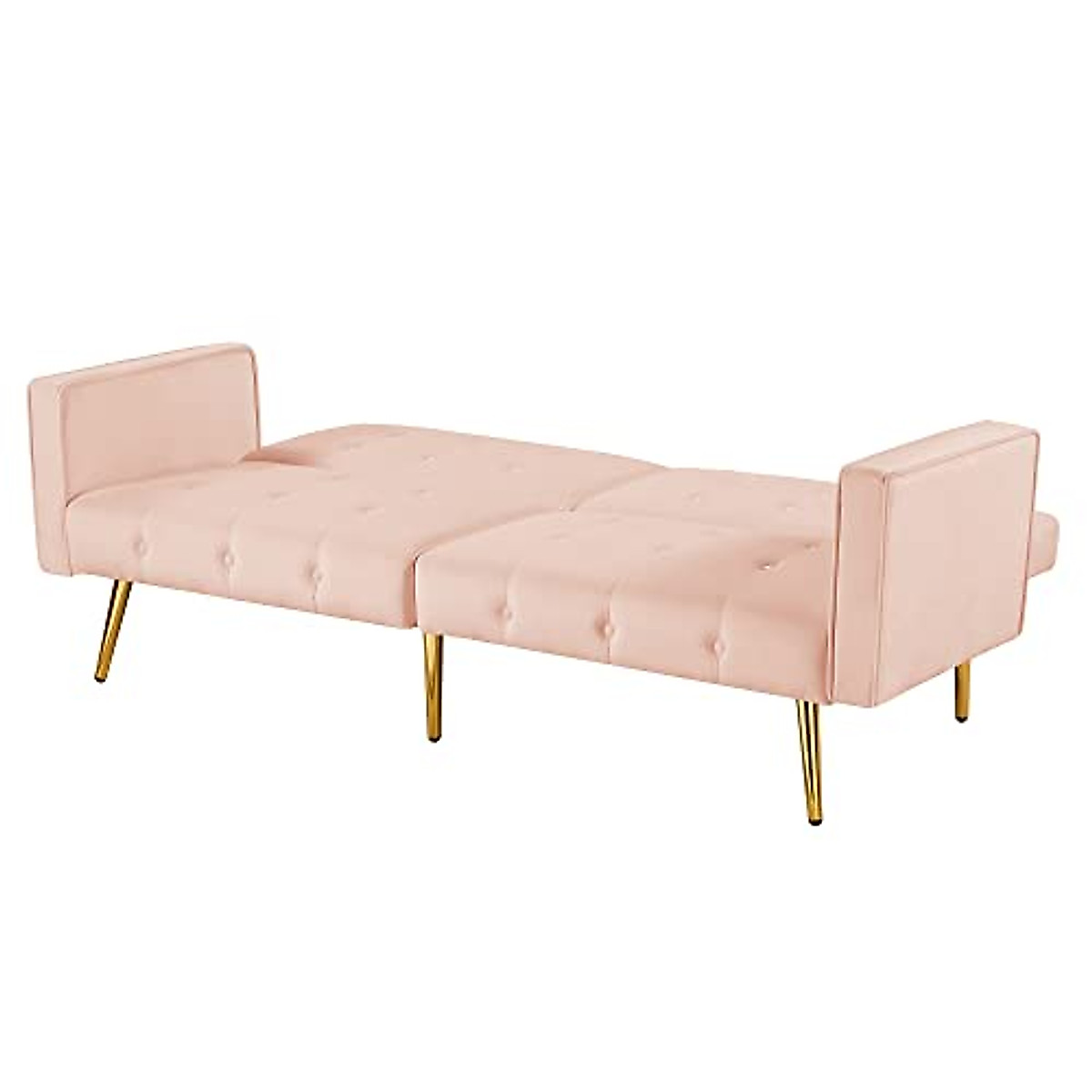 hansones Modern Velvet Button Tufted Folding Futon Sofa Bed with Armrest and Metal Legs for Living Room (Pink)