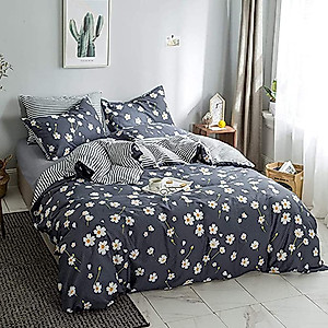 BuLuTu Navy Queen Comforter Cover with Daisy Queen Duvet Cover Set Floral Pattern for Girls 100% Cotton Comforter Cover for Teens,Girls,Ultra Soft Breathable Lightweight