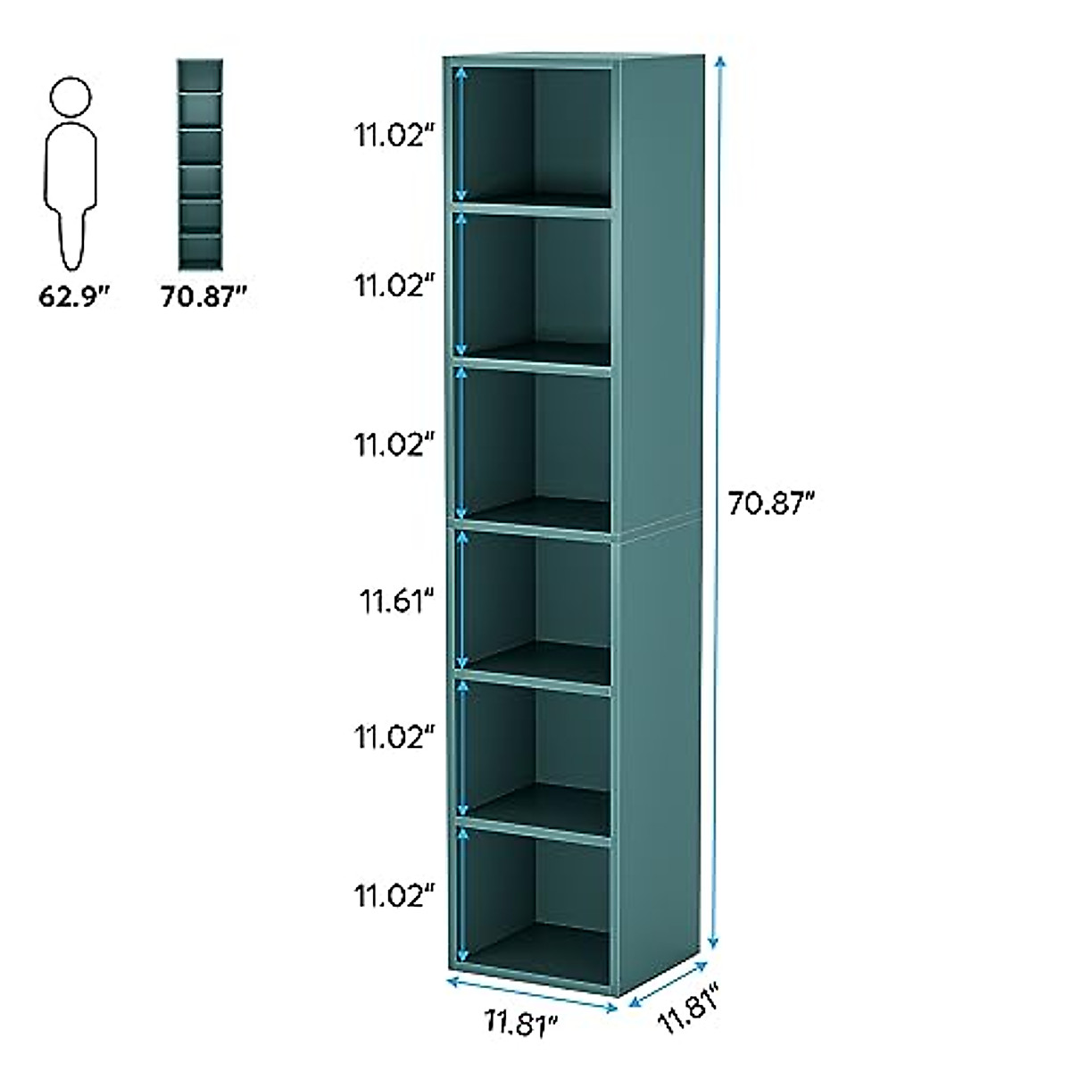 LITTLE TREE 70.9 Inch Tall Narrow Bookcase, Corner Bookshelf 6 Tier Cube Display Shelf Storage Organizer for Small Space, Blue