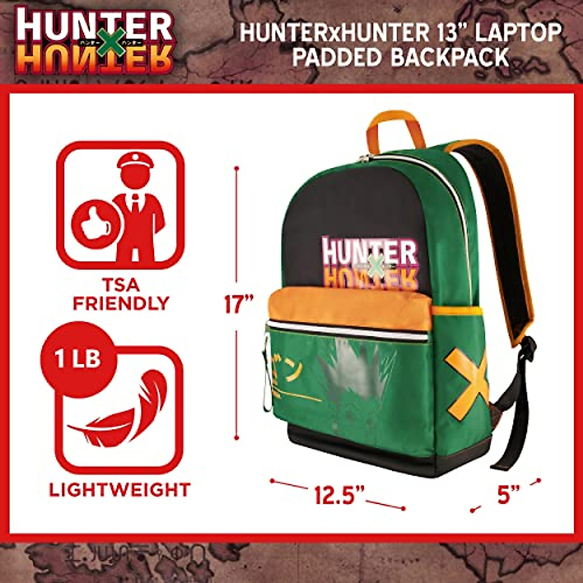 Concept One Hunter x Hunter 13 Inch Sleeve Laptop Backpack, Padded Computer Bag for Commute or Travel, Green