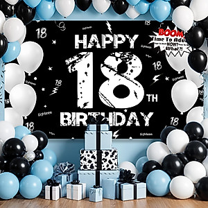 PHXEY 18th Birthday Decoration for Men Women, Fabric Happy 18th Birthday Backdrop Banner Black White, 18 Year Old Birthday Party Yard Sign Photo Booth Props Decor Supplies for Boys Girls