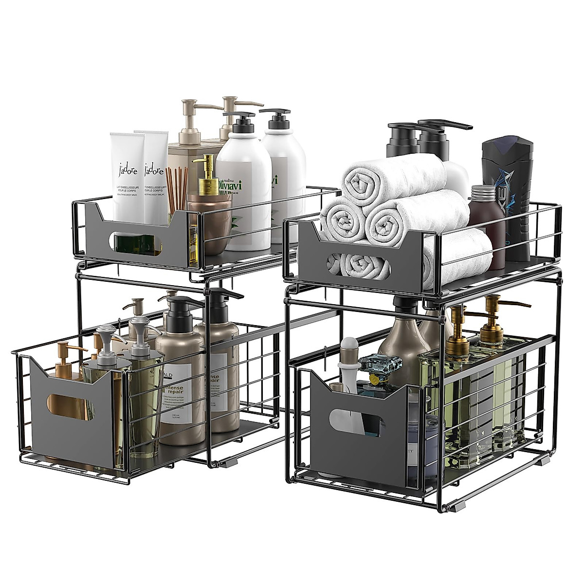 Under Sink Organizers and Storage - 2 Pack Metal Under Cabinet Organizers with Sliding Drawers,Folding Under Sink Organizer for Cabinet, Bathroom, Kitchen, Closets, Bedroom and Offices (Black)