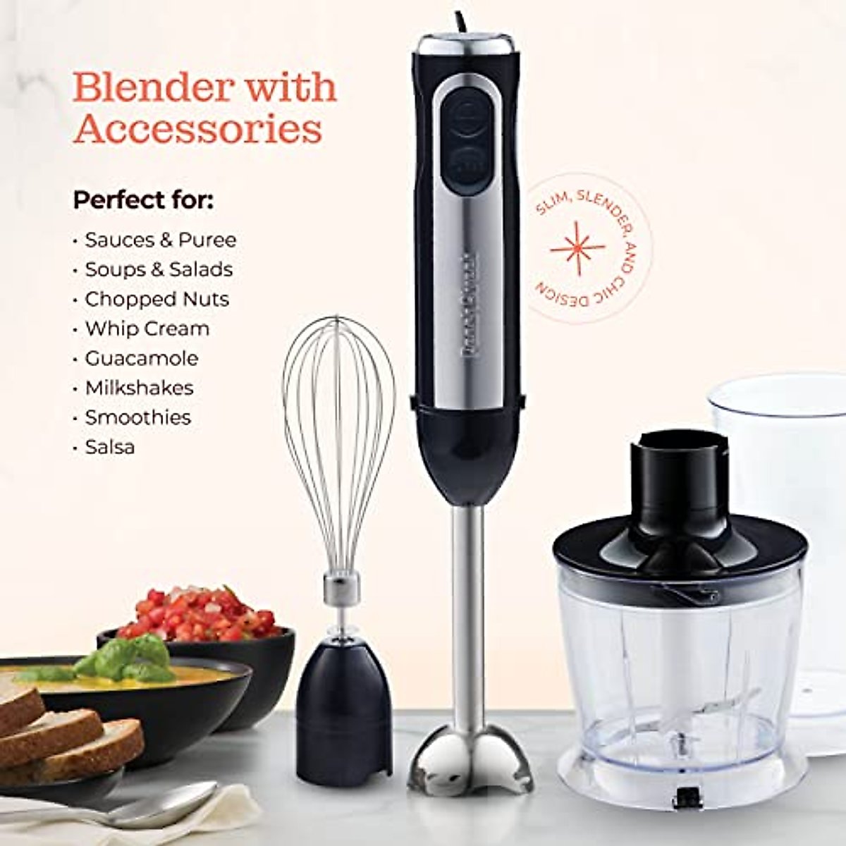 Multi-Use Immersion Blender, Hand Blender with Powerful Copper Motor 800W, High Speed, Turbo Mode, 3 in 1 Handheld Blender Stick Stainless Steel Blades, Whisk, Beaker with Measuring Marks, and Chopper