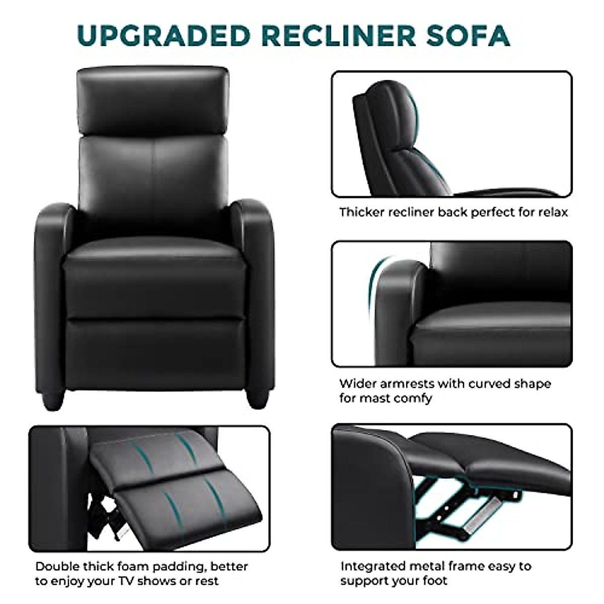 SMUG Recliner Chair for Adults, Massage PU Leather Recliner Sofa for Living Room, Adjustable Home Theater Seating with Padded Seat Backrest, Small Reclining Chair for Small Space (Light Black)