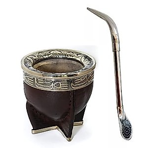 Mate Argentino Imperial Premium Leather Wrapped Handmade Engraving With Alpaca Yerba Mate Gourd (Mate cup) with Bombilla de Alpaca (Alpaca Yerba Mate straw) (Black)