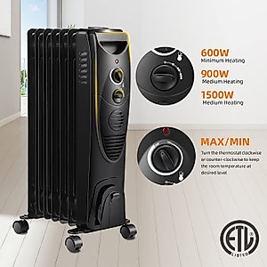 R.W.FLAME Oil Filled Radiator Heater - 3 Heat Settings, Adjustable Thermostat, Quiet and Portable Space Heater with Tip-over & Overheating Functions (27", Black)