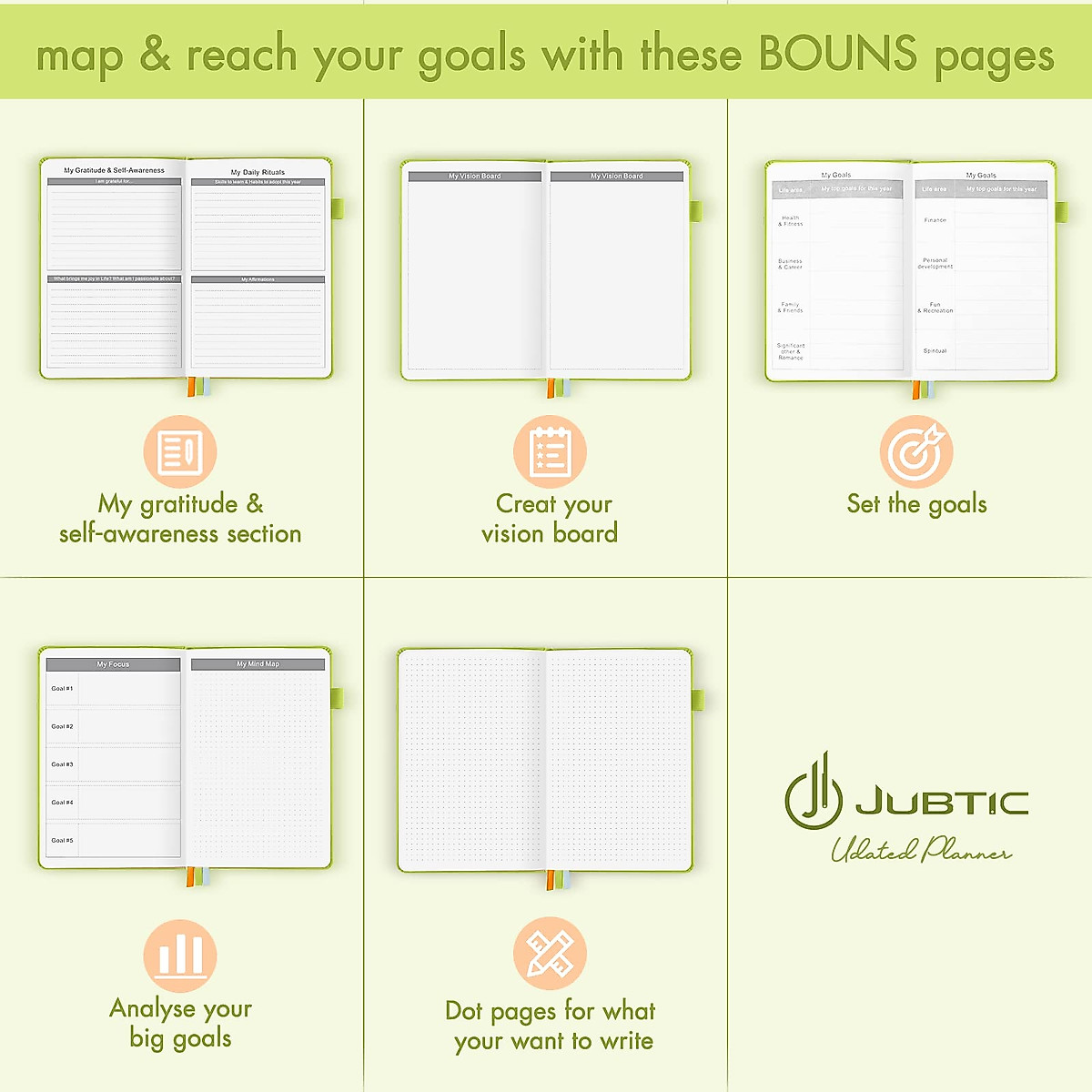 JUBTIC Undated Planner Weekly and Monthly Productivity Daily Planners with Stickers Appointment Book for Time Management 2024-2025 (Light Green)