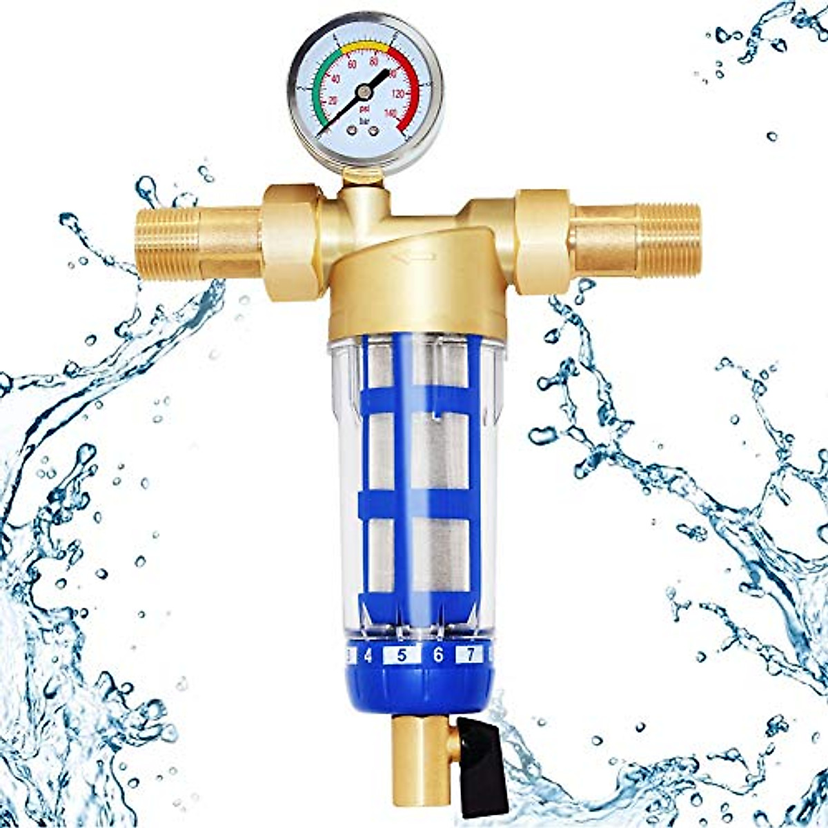 Beduan Reusable Spin Down Sediment Water Filter for Whole House Prefilter System Protector,1"Male Thread,3/4"Male & Female Thread,1/2"Male Thread (50 Micron & Pressure Gauge)