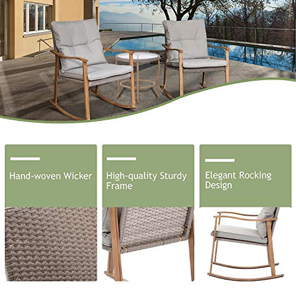 HOMPUS 3-Piece Outdoor Rocking Chairs Bistro Set Wicker Patio Furniture Set Wood Arm Rest Patio Rockes Set w Warm Gray Cushions, Front Porch Rocking Chairs with Glass Coffee Table for Balcony,Garden