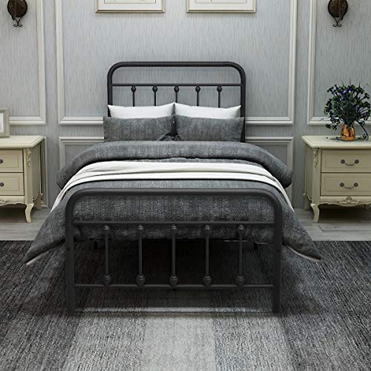 DUMEE Metal Twin Bed Frame with Vintage Headboard and Footboard Sturdy Premium Steel Slat Support No Box Spring Needed, Textured Black