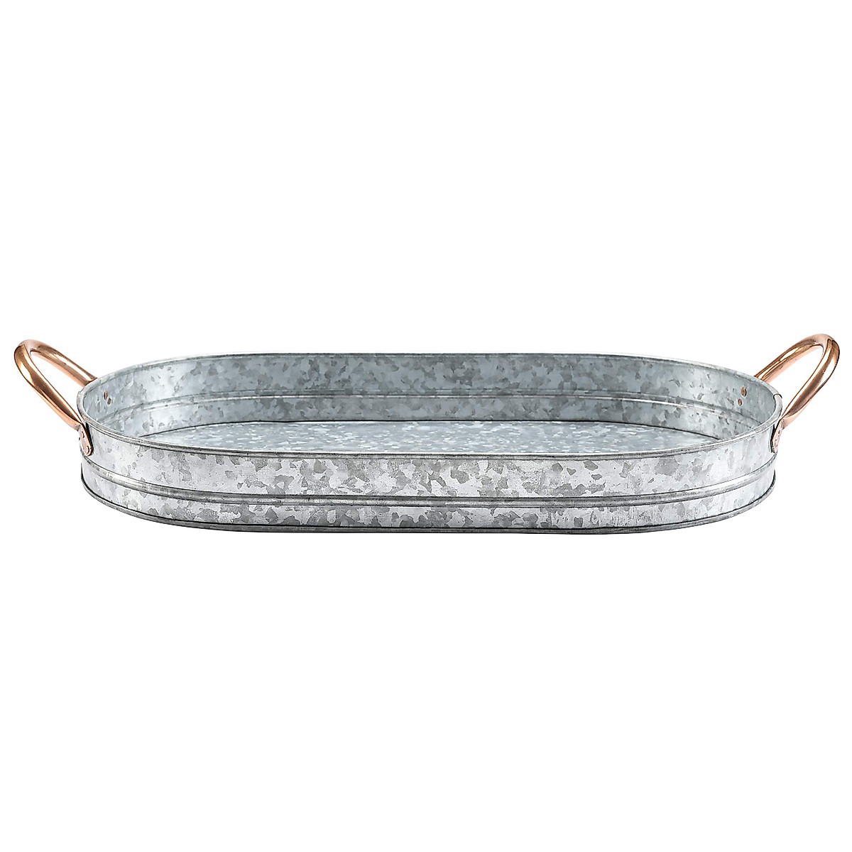 KINDWER Oval Galvanized Tray with Copper Handles, Gray, 25x12x5, (A070)