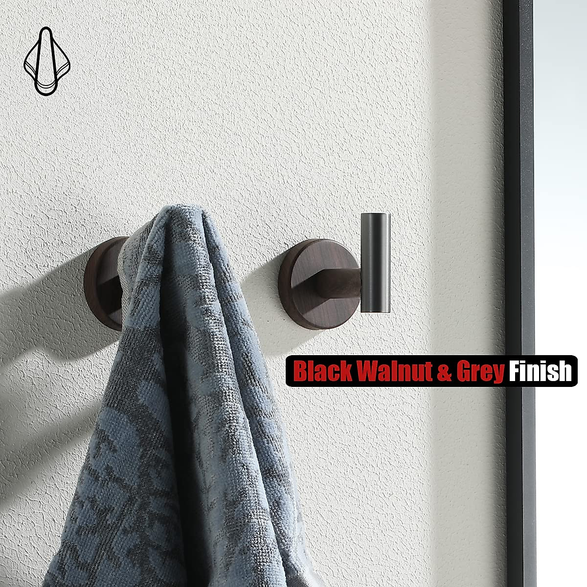 JQK Bathroom Towel Hook, Black Walnut Grey Coat Robe Clothes Hook for Bathroom Kitchen Garage Wall Mounted (2 Pack), 304 Stainless Steel 0.8mm Thicken, TH100-HT-P2