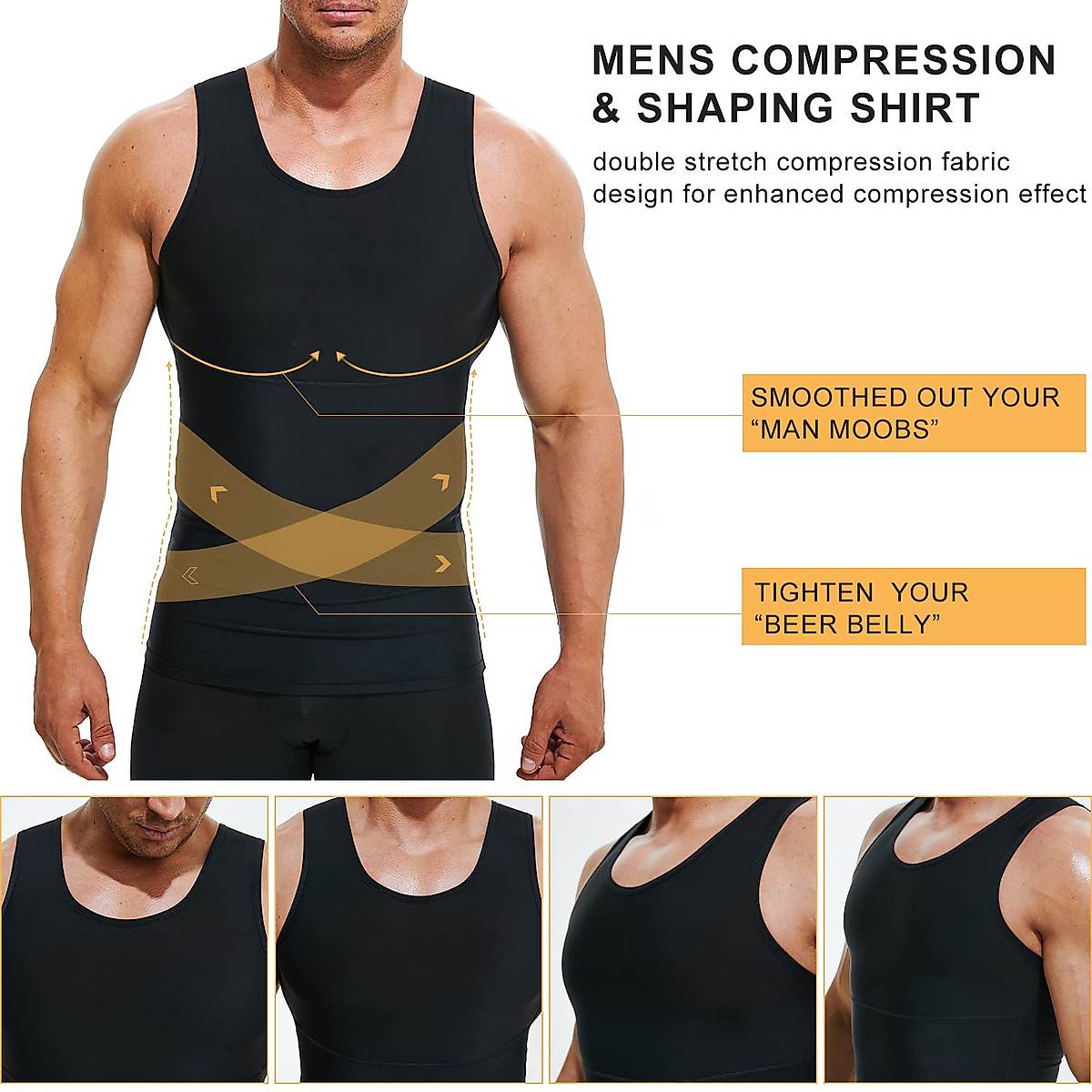 Mens Compression Shirt Slimming Undershirt Body Shaper Vest Workout Tank Tops Shapewear Abs Abdomen Black