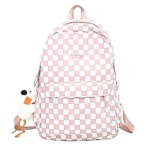 Cute Aesthetic Backpack Checkered Kawaii Backpack with Cute Pendant Checkerboard Casual Daypack College Laptop Bookbag (One Size,Pink)