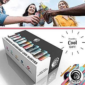 UP SWAVE Slim Can Cooler Sleeves - Premium Reversible Beer Can Sleeves - Slim Can Insulator 5 pack - Adjustable Design Fits Most Bottles & Skinny Cans from 8 to 12oz - 10 Reversible Designs