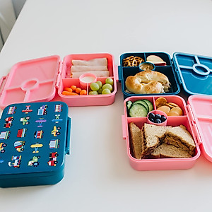Wildkin Kids Bento Box for Boys and Girls, Features 4 Compartments, Leak Proof with Close Clasp Design, Perfect for School & Travel Bento for Kids (Trains, Planes, and Trucks)