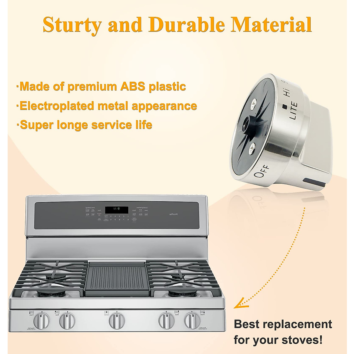 WB03X24818 GE Stove Knobs Replacement(5 Packs), Stainless Steel Colored Plastic Control Knob for General Electric Gas Range Oven, Replaces PS11729081 AP5989029 4363588(5-Year Warranty)