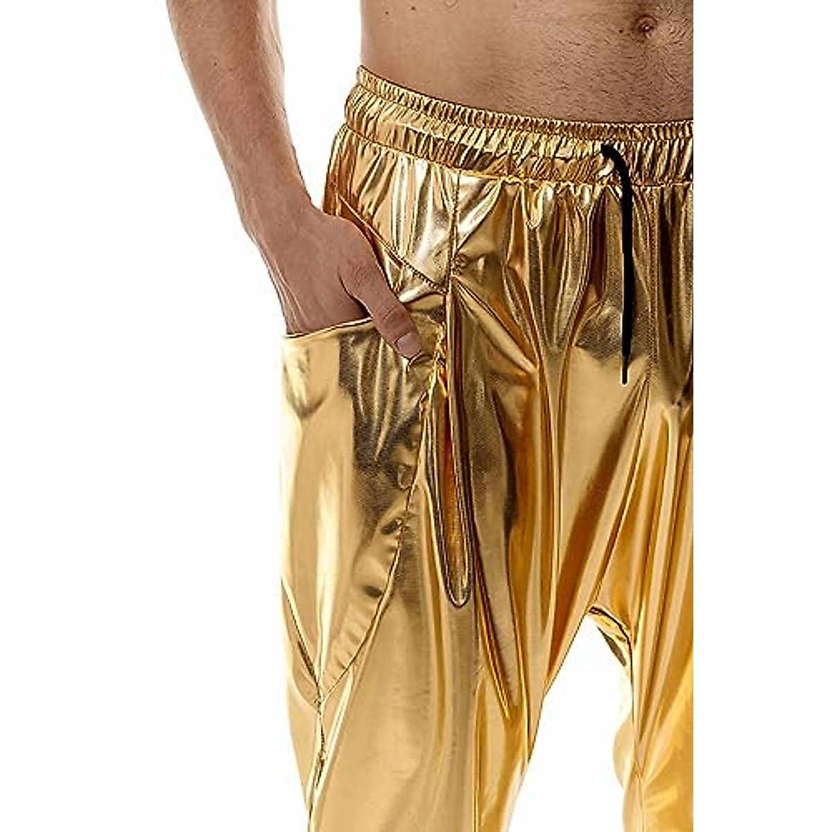 GRAJTCIN Metallic Shiny Jogger Sweatpants for Men 70s/80s Disco Party Rave Sequin Pants Elastic Trousers for Men with Pockets Solid Gold L