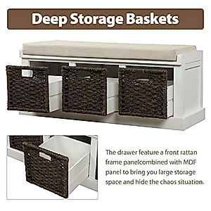 Harper&Bright Designs Entryway Storage Bench Rustic Storage Bench with 3 Removable Basket, Shoe Bench Storage Bench with Removable Cushion for Living Room, Entryway, Hallway (White)