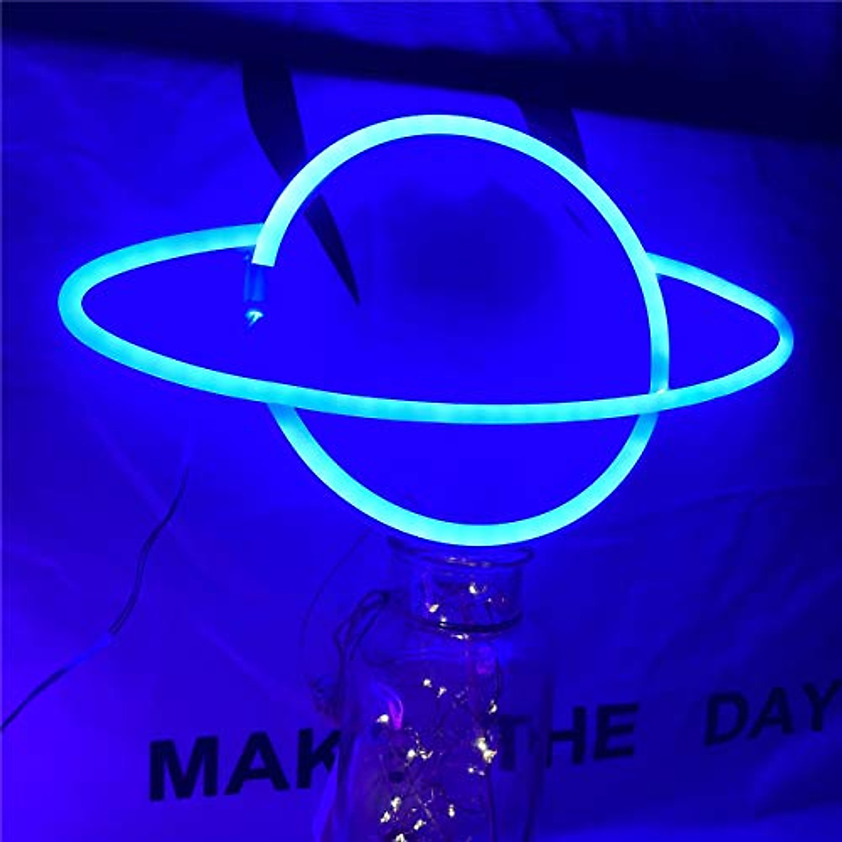 QiaoFei Led Planet Neon Signs Blue Kids Neon Lights Decorative Wall Signs, Battery or USB Operated Lamp for Party Supplies Room Wall Art Decoration (Blue)