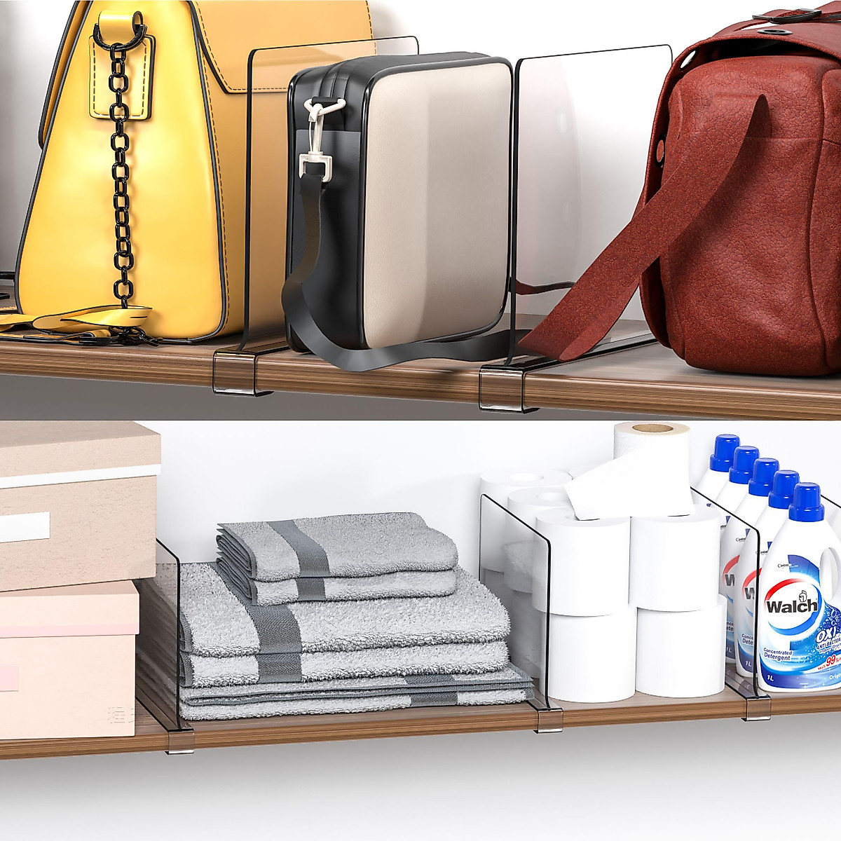 Acrylic Closet Shelf Dividers - Clear Organizer for Wood Shelves,Purses and Clothes Separation,Ideal for Kitchen and Bedroom Storage,Sweater Dividers, Handbag and Clothing Organizer,Pack of 6