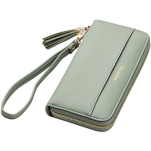 Travelambo Womens Wallet Tassel Bifold Ladies Clutch Wristlet Wrist strap Long Purse (Access Green Blooming)