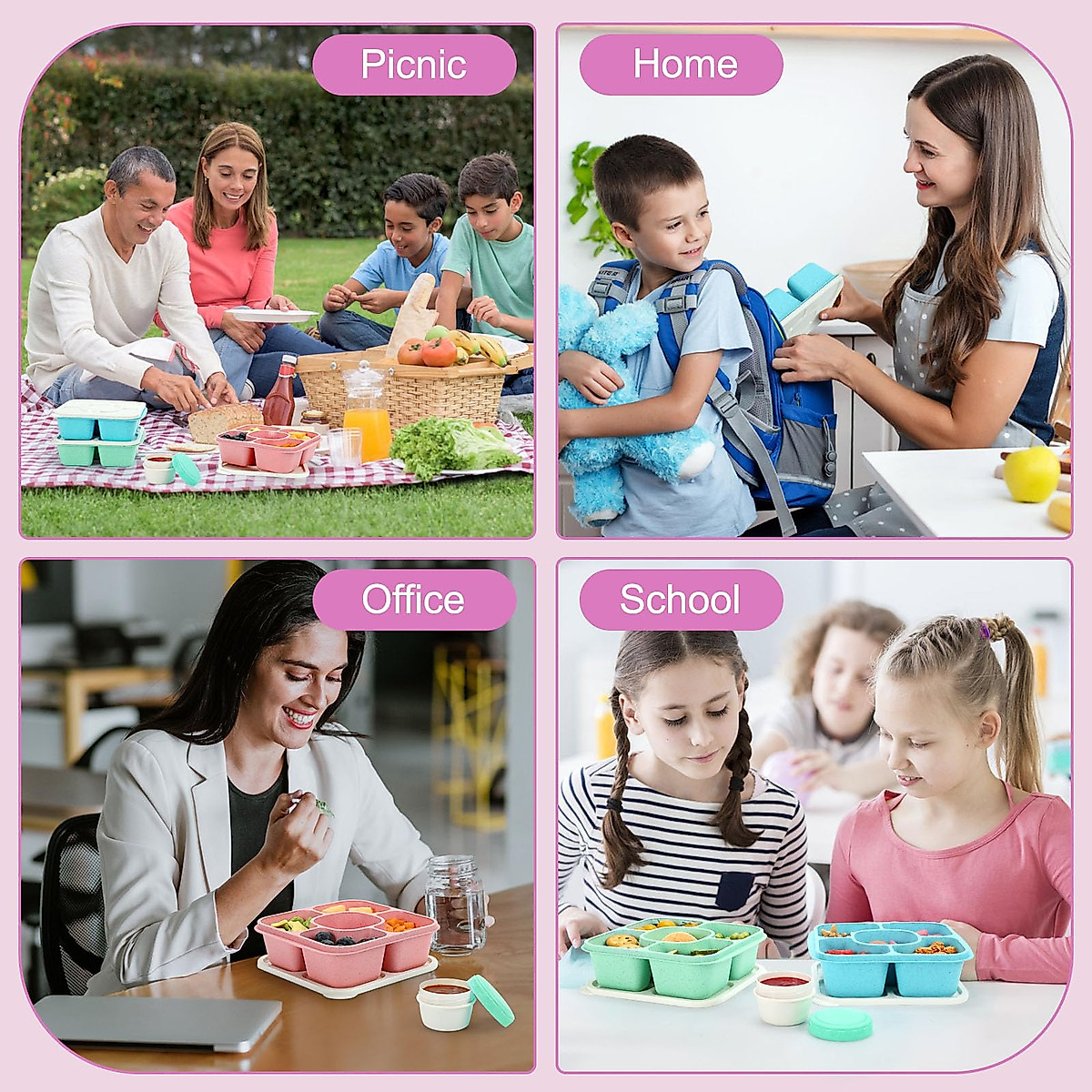 FANCILLA Bento Snack Containers for Kids Adults, 3 Pack Reusable Lunchable Bento Snack Boxes with 5 Compartments & 1 Leakproof Sauce Containers, Wheat Straw, BPA-Free, Stackable (Classic Vintage)