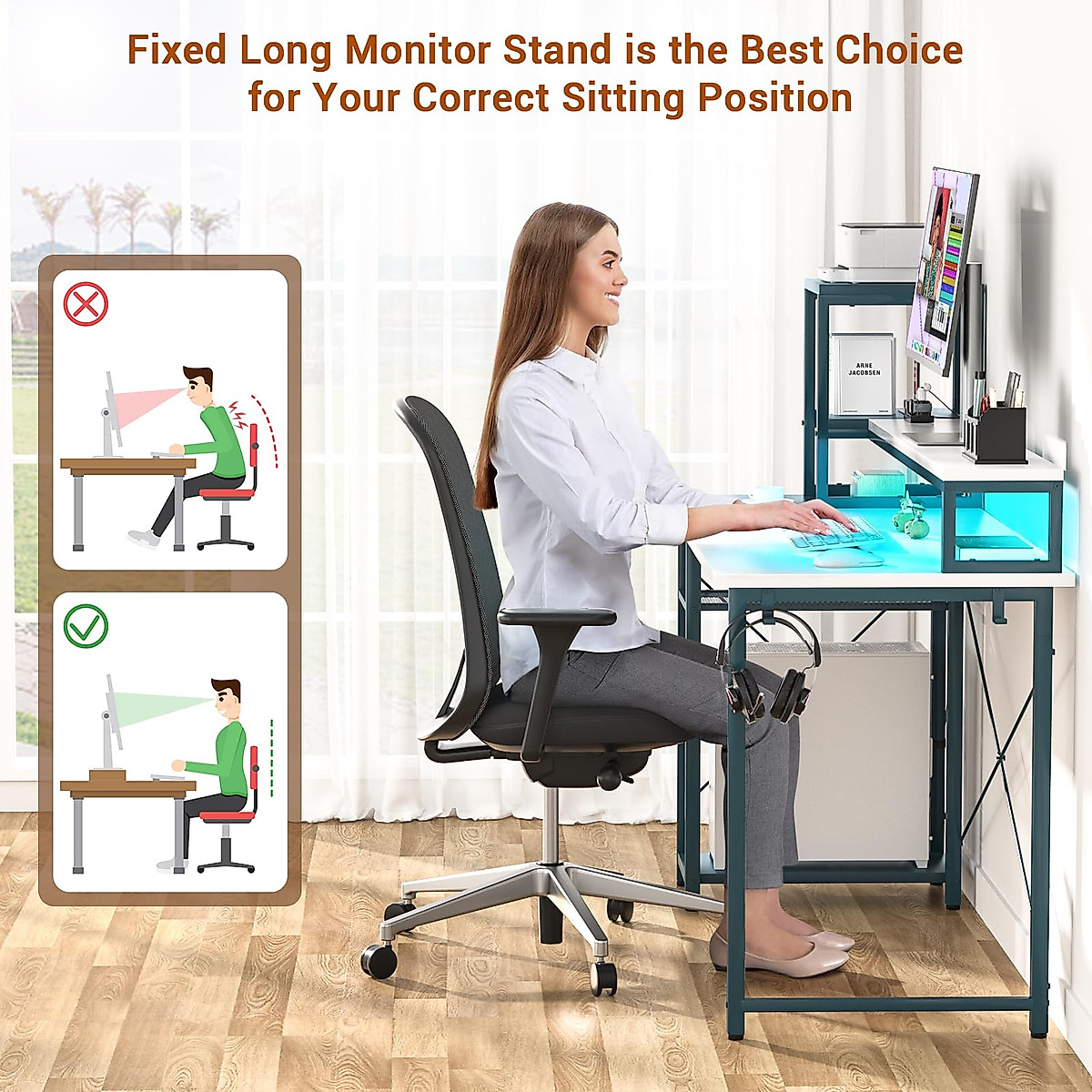 armocity 2024 Upgrade Gaming Desk with LED Lights, Small Computer Desk with Long Monitor Stand, 40'' Reversible Laptop Table with Shelves, Small Desk for Small Spaces, Gaming Room, White and Blue