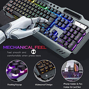 Wireless Gaming Keyboard Mouse Bluetooth Headset Kit with 16 RGB Backlit Rechargeable Battery Metal Mechanical Ergonomic Waterproof Dustproof Removable Palm Rest for Laptop PC Gamer(Rainbow RGB)