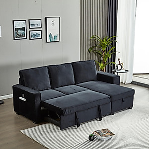 INSTORY Mid-Century Modern Velvet Sofa Sectional L-Shaped Sofa Pull Out SofaBed Convertible Sleeper Sofa Bed with Storage Chaise & USB for Living Room - Black