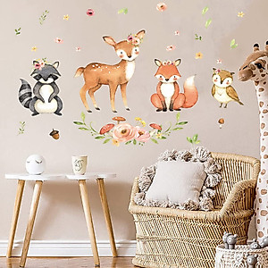 Supzone Woodland Animal Wall Decals Cartoon Animal Wall Stickers Cute Raccoon Deer Fox Owl Forest Animal Wall Decal for Kids Baby Nursery Playroom Bedroom Wall Decor