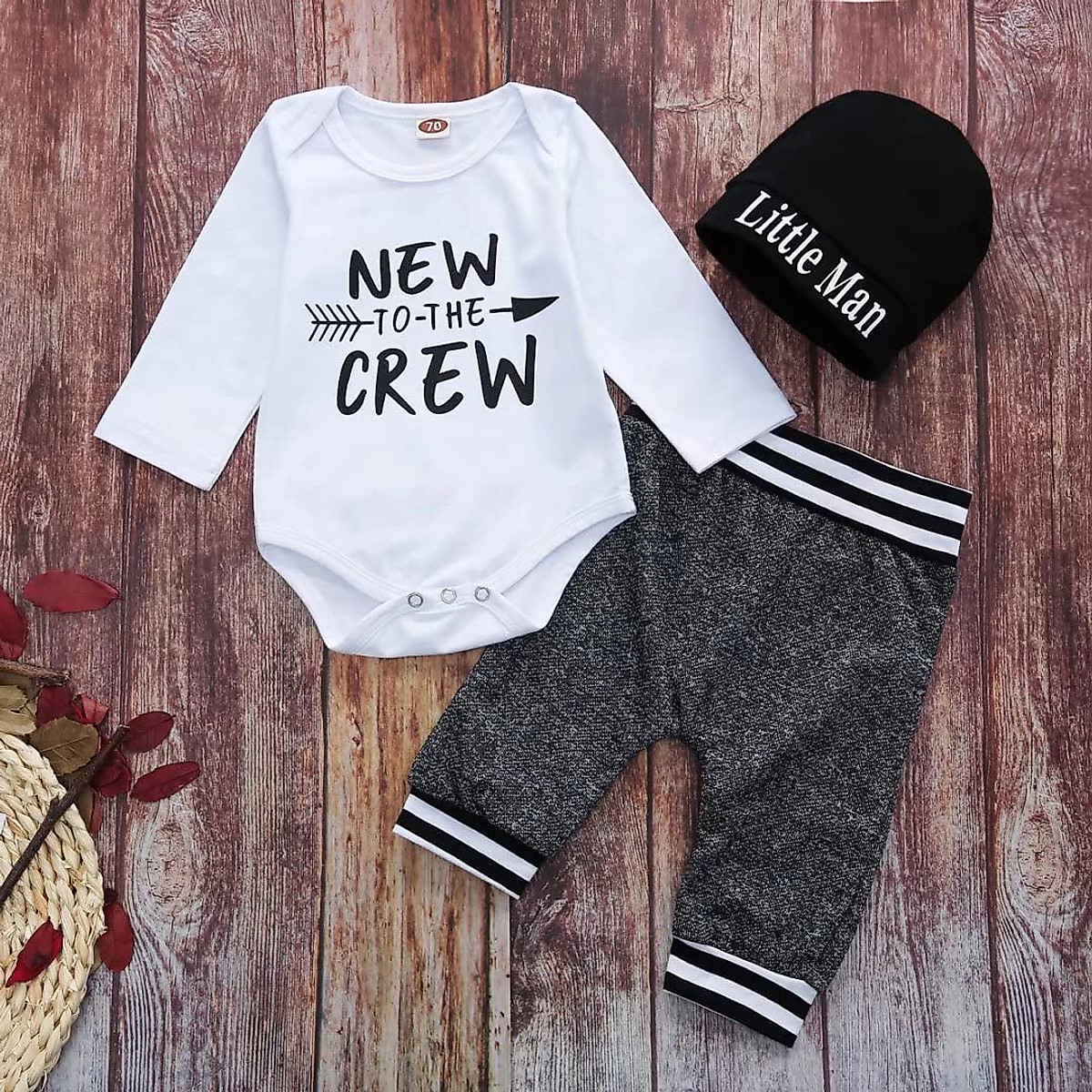 Tikoubabe Newborn Baby Boy Outfits Clothes Infant Cute Hipster Romper + Long Pants + Hat 3 Pcs New To The Crew Grey 0-3 Months 70cm