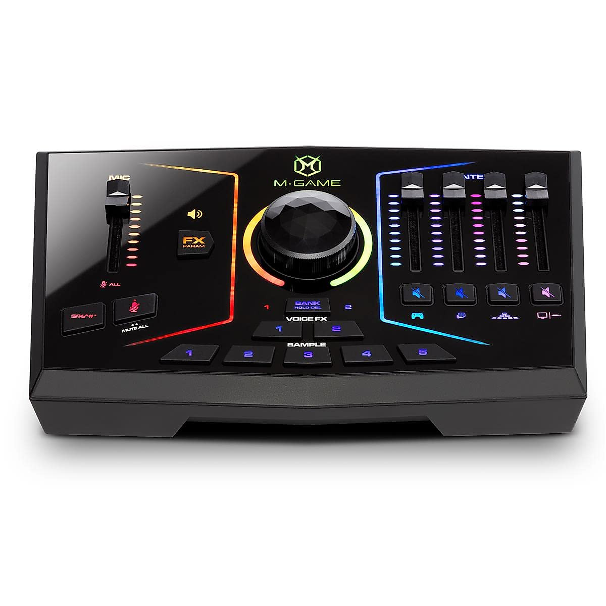 M-Game RGB Dual USB Audio Interface Mixer for Streaming and Gaming with XLR Microphone in, Optical in, Voice FX, Sampler, RGB Lights and Software