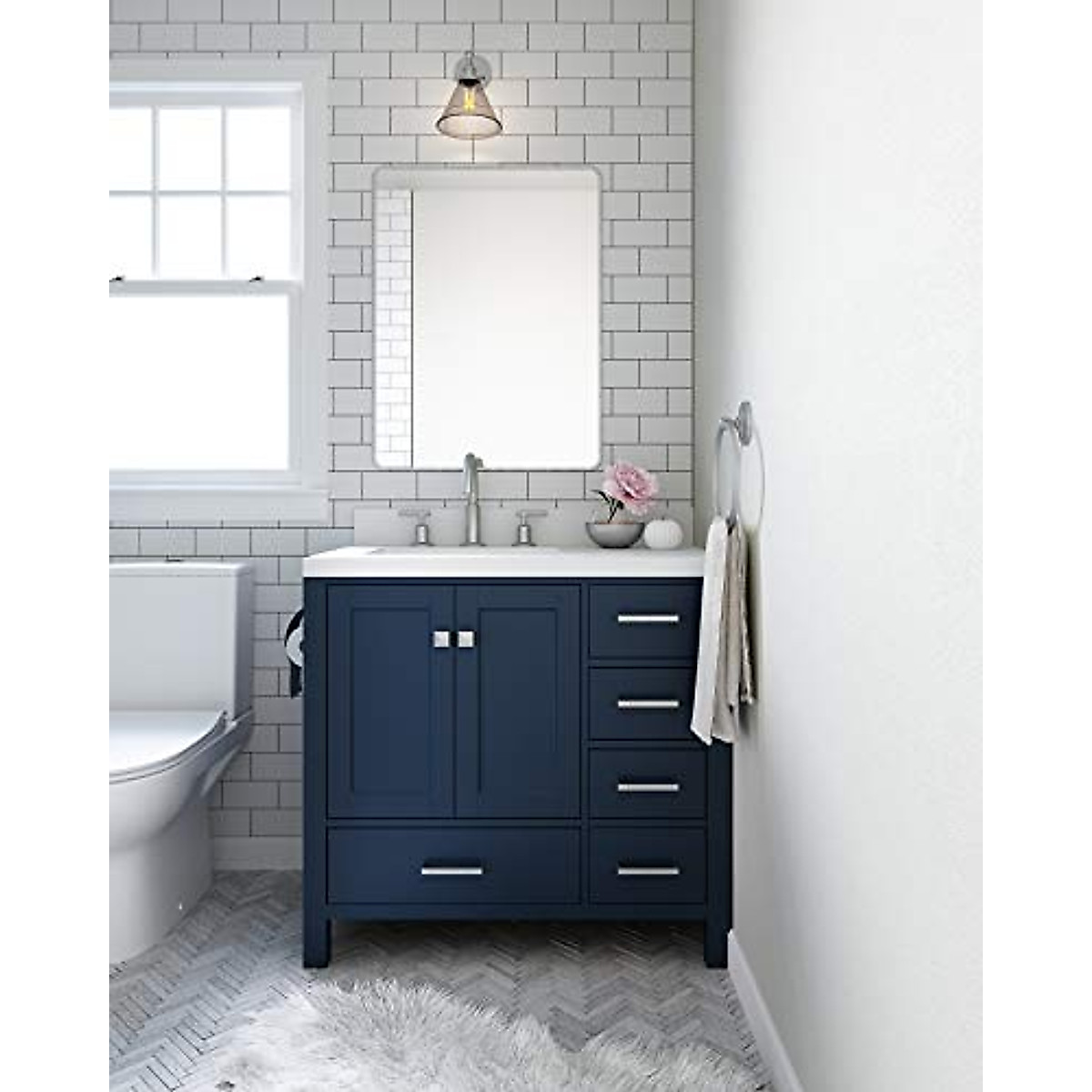 ARIEL 37" Midnight Blue Bathroom Vanity with 1.5" Edge Pure White Quartz Countertop & Backsplash, Left Rectangular Sink, 2 Soft Closing Doors, 5 Full Extension Dovetail Drawers, Satin Nickel