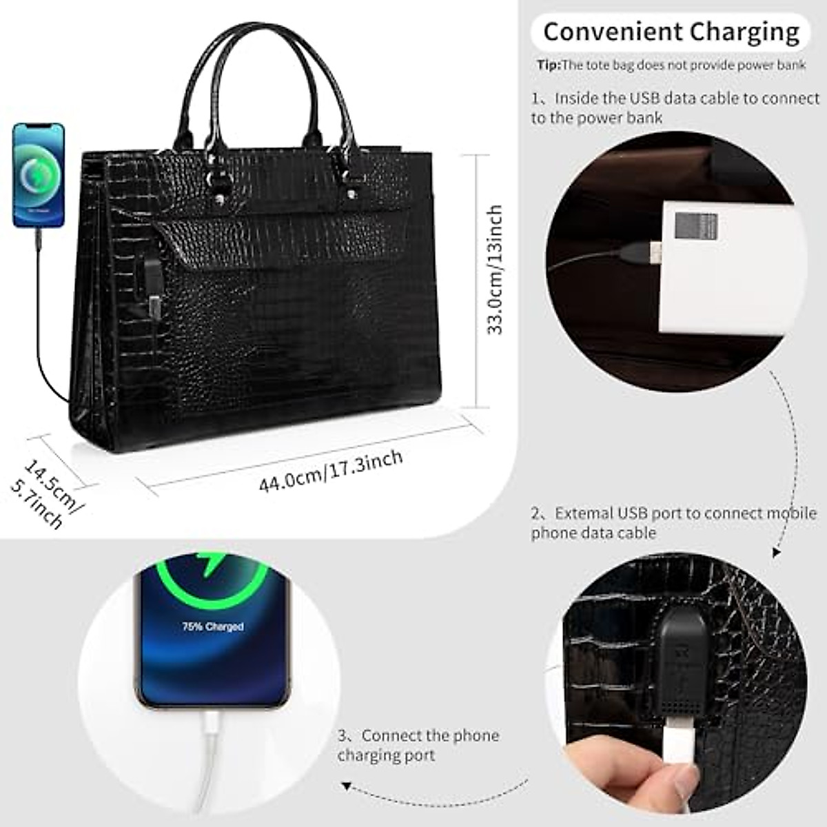 Laptop Bag for Women, 17 Inch Laptop Tote Bag, Fashion Computer Shoulder Bag, Waterproof Leather Teacher Handbag with USB Port, Large Capacity Crossbody Bag Business Office Briefcase Work Bag Black