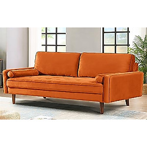 US Pride Furniture Velvet Tufted Sofa, Iconic Mid-Century Style Living Room Furniture with Contemporary Silhouette, Button Tufting and Wood Legs, Includes 2 Bolster Pillows, Couch, Orange