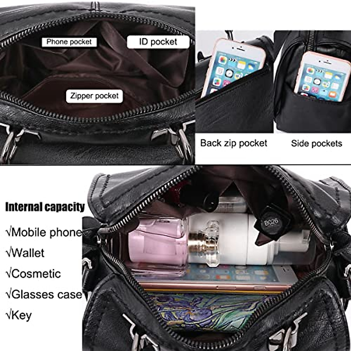 YOUNXSL Shoulder Bag and Purse for Women PU Leather Handbag Multi-pocket Top-Handle Satchel Ladies Bowknot Tote(Black)