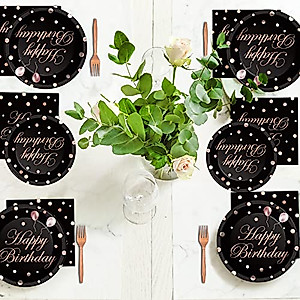 96 Pcs Black Rose Gold Birthday Tableware Set Rose Gold Dinnerware Party Supplies Black Rose Gold Dots Confetti Plates Napkins Happy Birthday Party Decorations for Woman Girls Tableware Kit 24 Guests