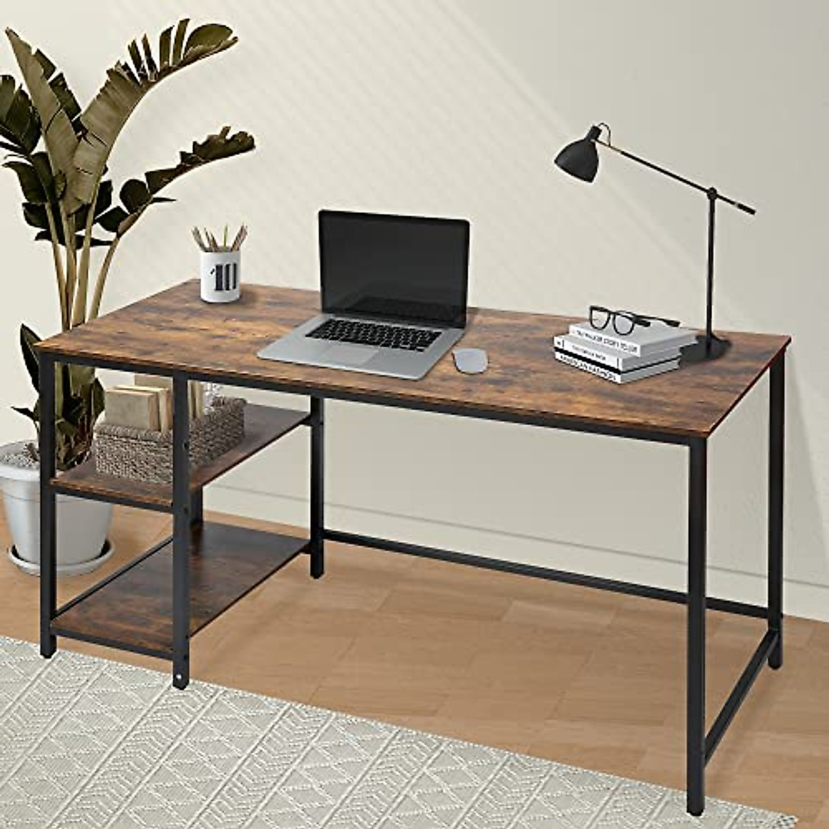 GOOD & GRACIOUS Industrial Home Office Desk, 55 Inch Rustic Desk With Shelf, Wooden Corner Desk for Home Office, Small Desk For Small Space, Simple Home Office Study Writing Workstation, Easy Assembly