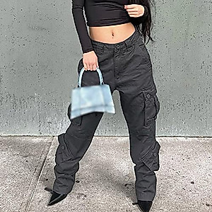 Baggy Jeans for Women Work High Waist Y2k Streetwear Cargo Jeans Parachute Pants Wide Leg Denim Pants Vintage Relaxed Fit Straight Leg Combat Military Pants Streetwear Trousers Dark Gray