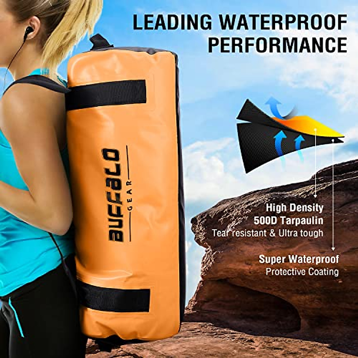 Buffalo Gear Adventure Bag 50L - Heavy Duty Waterproof Duffel Bag for Boating, Motorcycling, Hunting, Camping, Kayaks or Jet Ski. Gets Gear Through Any Conditions (Orange)